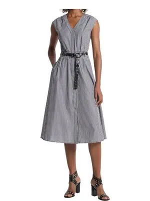 Michael Kors Striped Poplin Belted Midi Dress - Gray