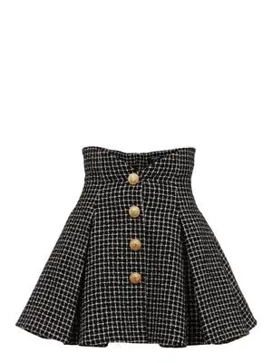 Balmain Checkered Tweed Tulip Mini Skirt - Black