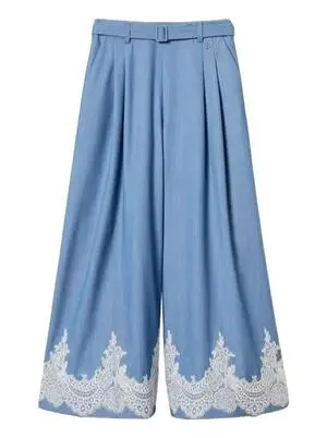 TWINSET Lace Trim Wide Leg Palazzo Pants - Blue