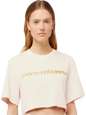 Rabanne Logo Embroidered Cropped T-shirt - White