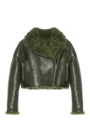YVES SALOMON Patent Merino Cropped Biker Jacket - Green