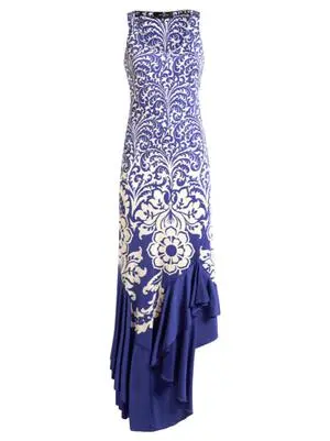Etro Flounce Printed Long Jersey Dress - Electric Blue