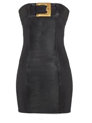 Balmain Belted Strapless Leather Mini Dress - Black