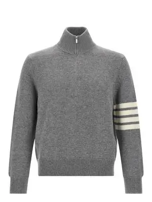 Thom Browne Striped Funnel Neck Half-zip Sweater - Light Gray