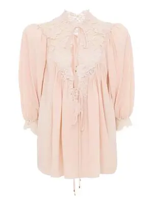 Chloé Fluid Puff-sleeved Blouse With Lace Appliqués - Soft Pink
