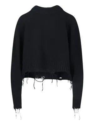LOW CLASSIC Distressed Crop Sweater With Fringe Detail - Black