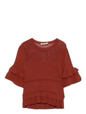 TWINSET Ruffle Rib Knit Mesh Jumper - Red