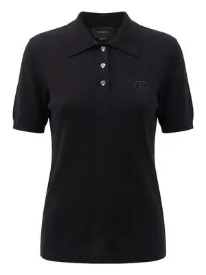 Gucci Embroidered Cashmere Silk Polo Shirt - Black