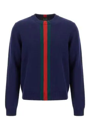Gucci Fine Knit Wool Sweater With Web Intarsia - Blue