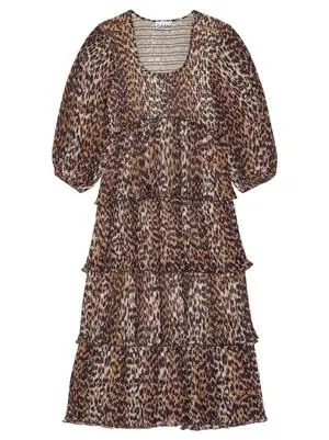 GANNI Leopard Printed Pleated Midi Dress - Multicolor