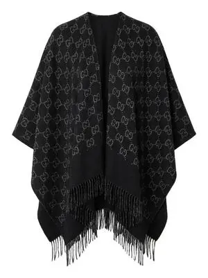 Gucci Gg Jacquard Cape With Fringe Trim - Black And Light Gray