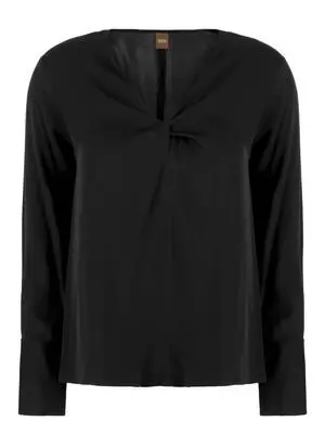 Hugo Boss V-neck Blouse With Pleated Front - Black