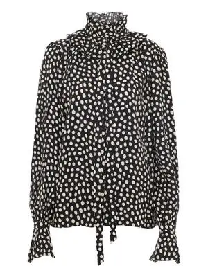 Chloé Polka-dot Long Sleeve Shirt With Lace-up Front - Black/beige
