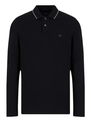 Emporio Armani Micro Eagle Embroidered Long-sleeved Stretch Pique Polo Shirt - Black