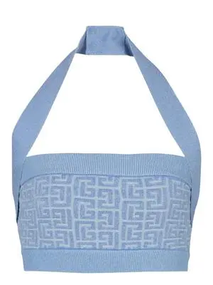 Balmain Knit Halterneck Top With Pb Labyrinth Monogram - Blue