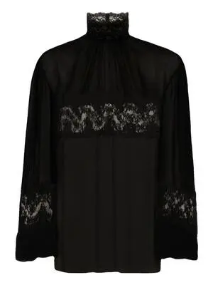 Dolce & Gabbana Lace Embellished Ruched High Neck Blouse - Black