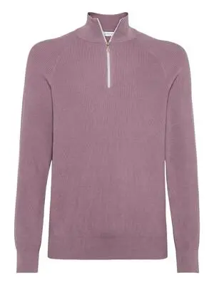 Brunello Cucinelli High Neck Knitted Jumper With Half-zippered Front - Gray