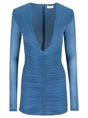 Saint Laurent Draped V-neck Long-sleeved Dress - Blue