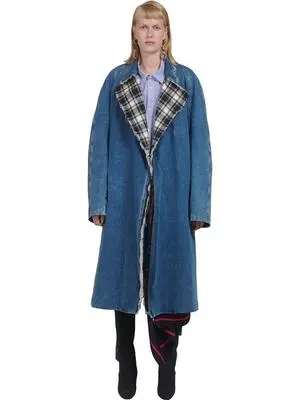 Balenciaga Checked Padded Denim Trench Coat - Blue
