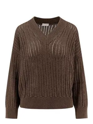 Brunello Cucinelli Monili-embellished V-neck Jumper - Chocolate-colored