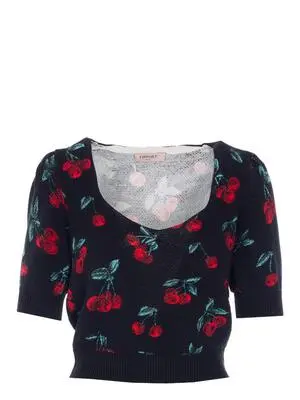 TWINSET Twinset Short Sleeve Cherry Print Knit Top