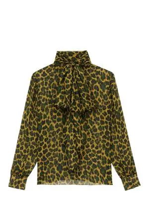 Saint Laurent Leopard Print Lavallière Blouse - Ocre/vert