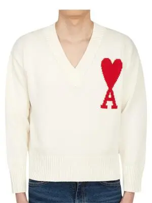 Ami V-neck Sweater With Iconic Logo - White