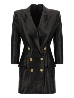 Balmain Double Breasted Leather Blazer Dress - Black