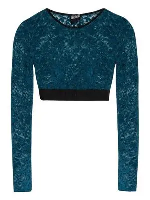 Versace Long-sleeved Floral Lace Cropped Top - Blue