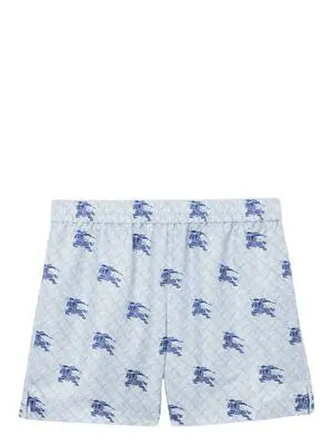 Burberry Silk Twill Knee-length Shorts With Monogram And Equestrian Knight Print - White