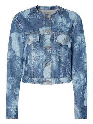Fendi Floral Printed Cropped Crewneck Denim Jacket - Blue