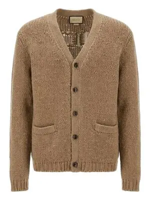 Gucci V-neck Long-sleeved Cardigan With Embroidered Logo - Brown