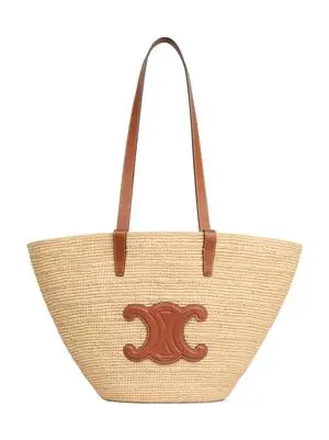 Celine Medium Supple Classic Panier In Raffia And Calfskin - Tan