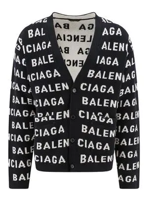 Balenciaga Logo Intarsia Knit V-neck Cardigan - Black/white