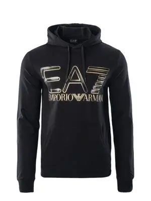 EA7 Logo Print Pullover Hoodie - Black