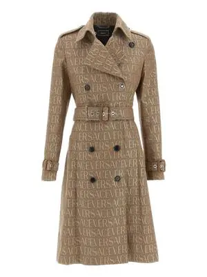 Versace Allover Jacquard Double Breasted Trench Coat - Brown