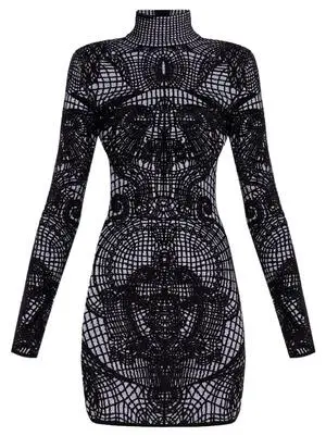 Balmain Long Sleeve Embroidered Velvet Dress - Black