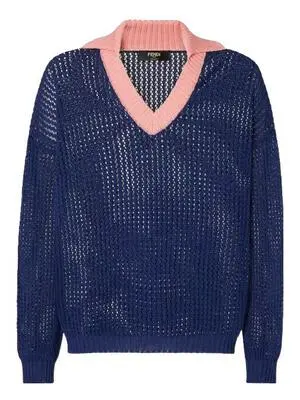 Fendi Contrast V-neck Ribbed-knit Polo Top - Blue And Pink