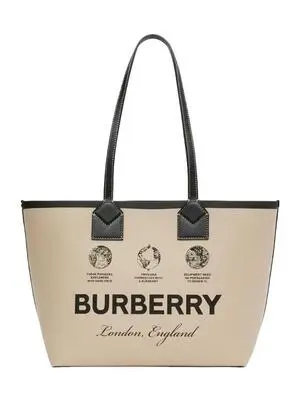 BURBERRY Burberry Logo Printed Cotton Tote Bag With Leather Trim