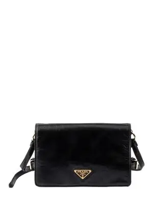 Prada Logo Plaque Foldover Top Shoulder Bag - Black