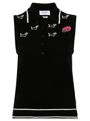 Thom Browne Sleeveless Embroidered Polo Top - Black