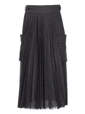 Sacai Pleated Midi Skirt With Checked Pattern And Pockets - Grey