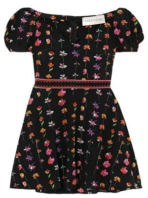 Valentino Garavani Floral Print V-neck Mini Dress - Black