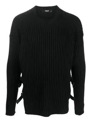 Versace Side-slit Crewneck Ribbed Jumper - Black