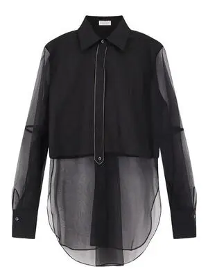 Brunello Cucinelli Panelled Long-sleeved Poplin Shirt With Pearl Buckle Cuffs - Black