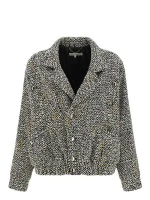 Alessandra Rich Tweed Speckled Bomber Jacket With Micro Sequins - Black