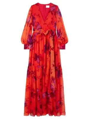 Erdem V-neck Long-sleeved Maxi Dress With Floral Print And Draped Detail - Red