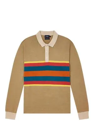 DRAKE'S Striped Linen And Cotton-blend Polo Shirt - Brown