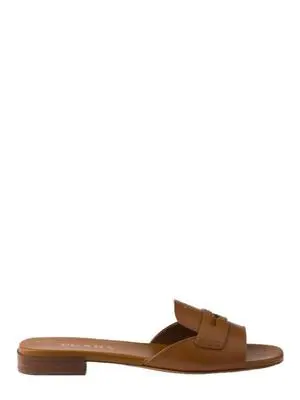 Prada Leather Slides With Logo Detail - Camel