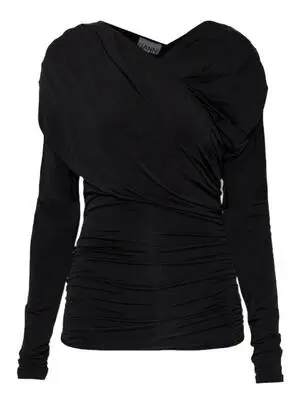 GANNI Draped V-neck Long-sleeve Top - Black